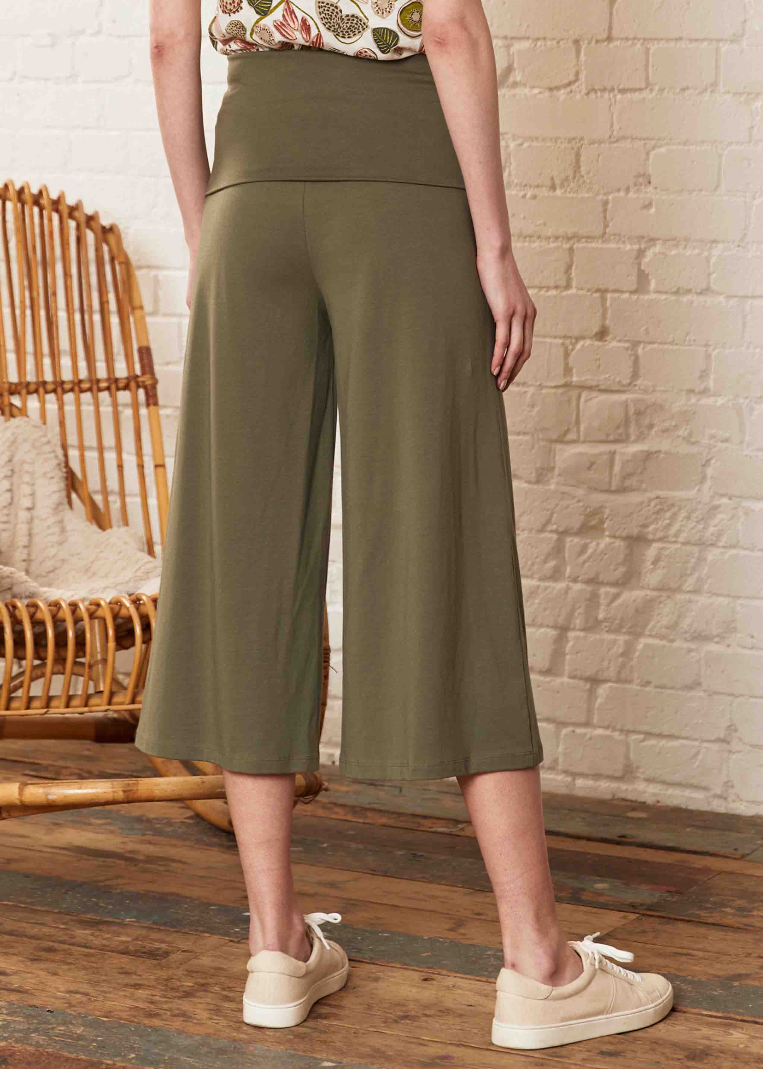 Florrie Cropped Fold Over Jersey Pull On Trousers | Sage | The Able Label