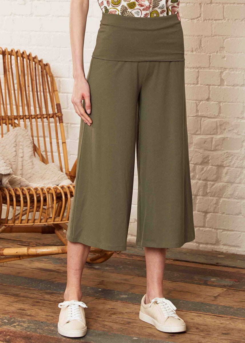 Florrie Cropped Fold Over Jersey Pull On Trousers | Sage | The Able Label
