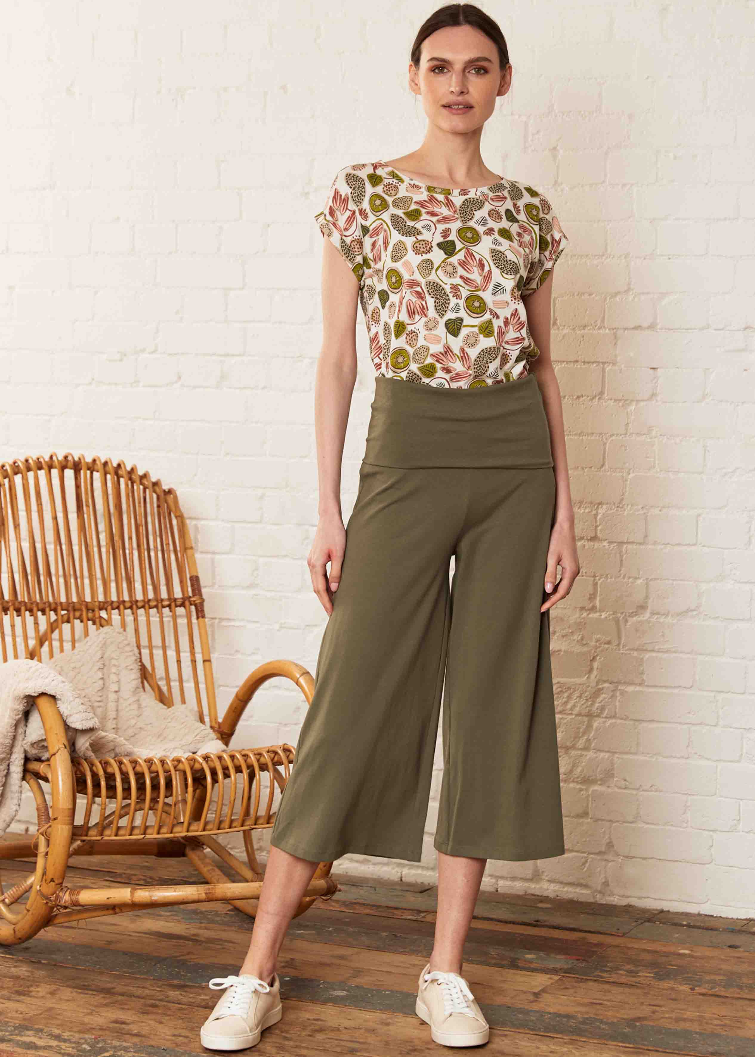 Florrie Cropped Fold Over Jersey Pull On Trousers | Sage | The Able Label