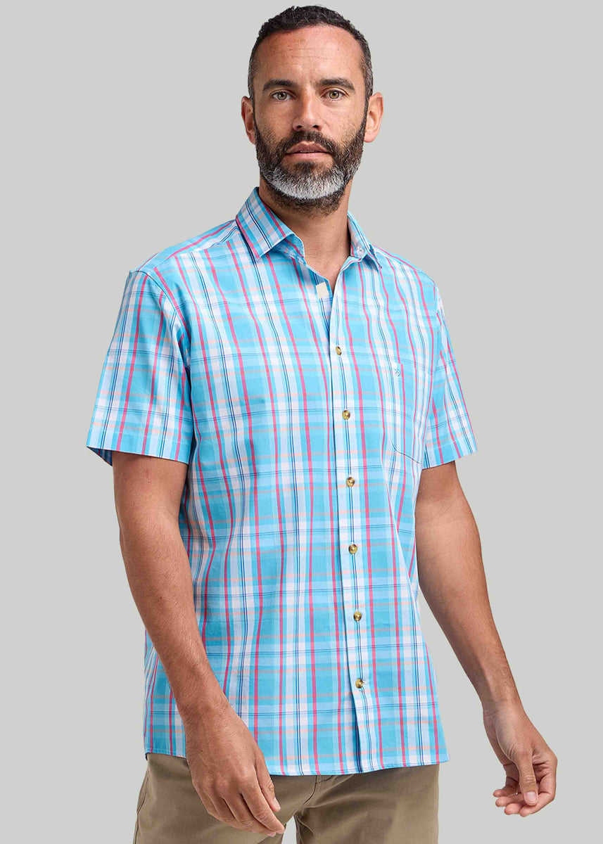 Henry Short Sleeve | Casual | VELCRO® Brand Fastening Shirt | Aqua ...