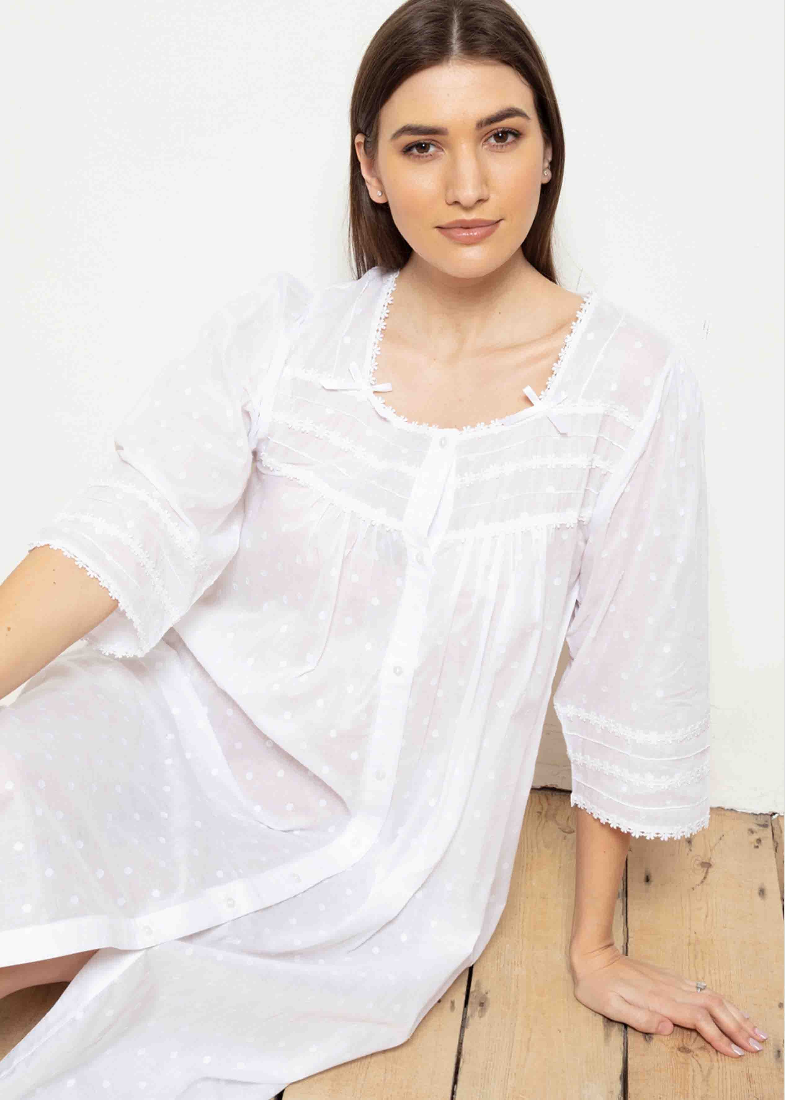 Jackie Jacquard White | Front Opening | 3/4 Sleeve | VELCRO® Brand ...