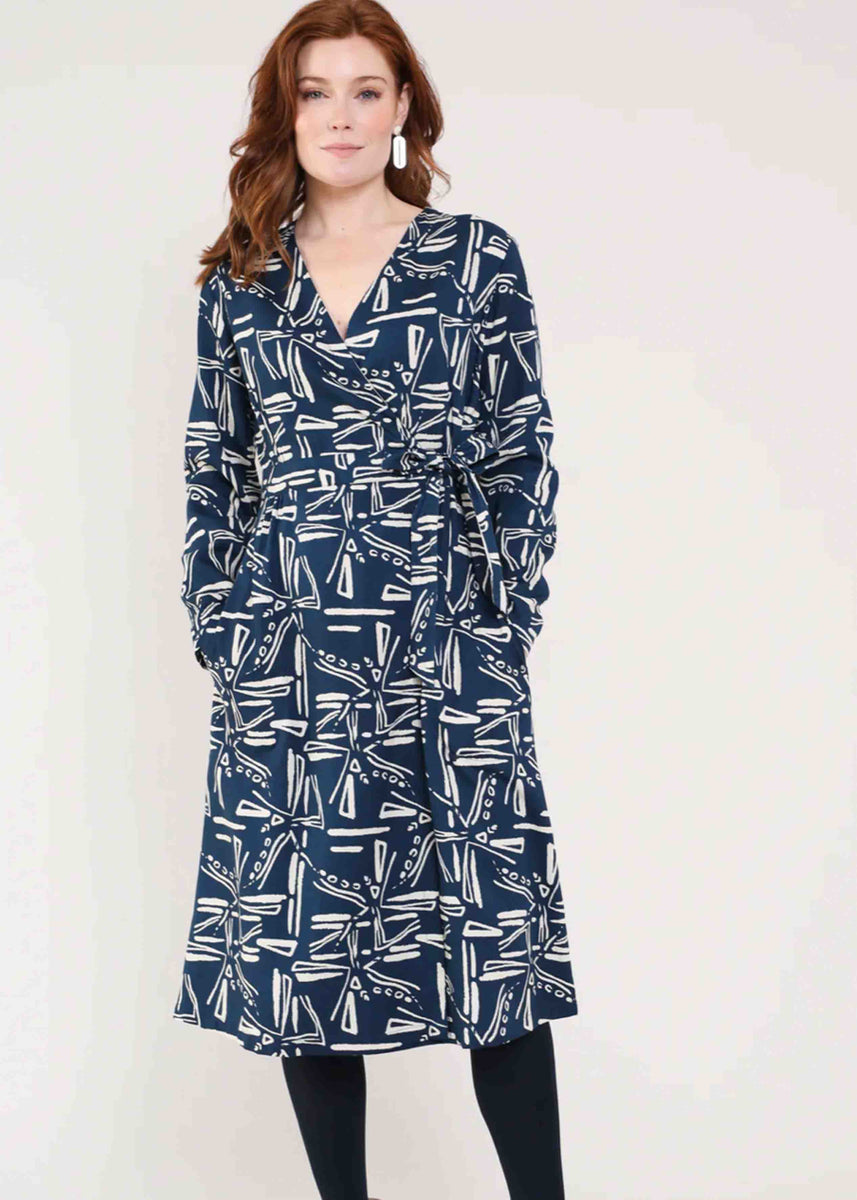 Nadia Wrap Dress | Navy Windmill Print | Fully Opening | The Able Label
