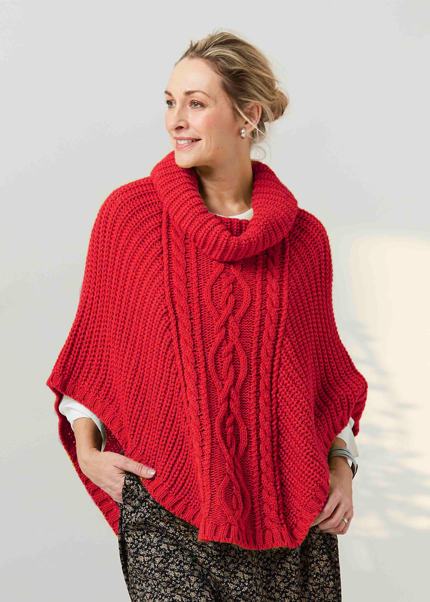 Blanche Cable Knit Poncho | Roll Neck | Berry Red | The Able Label