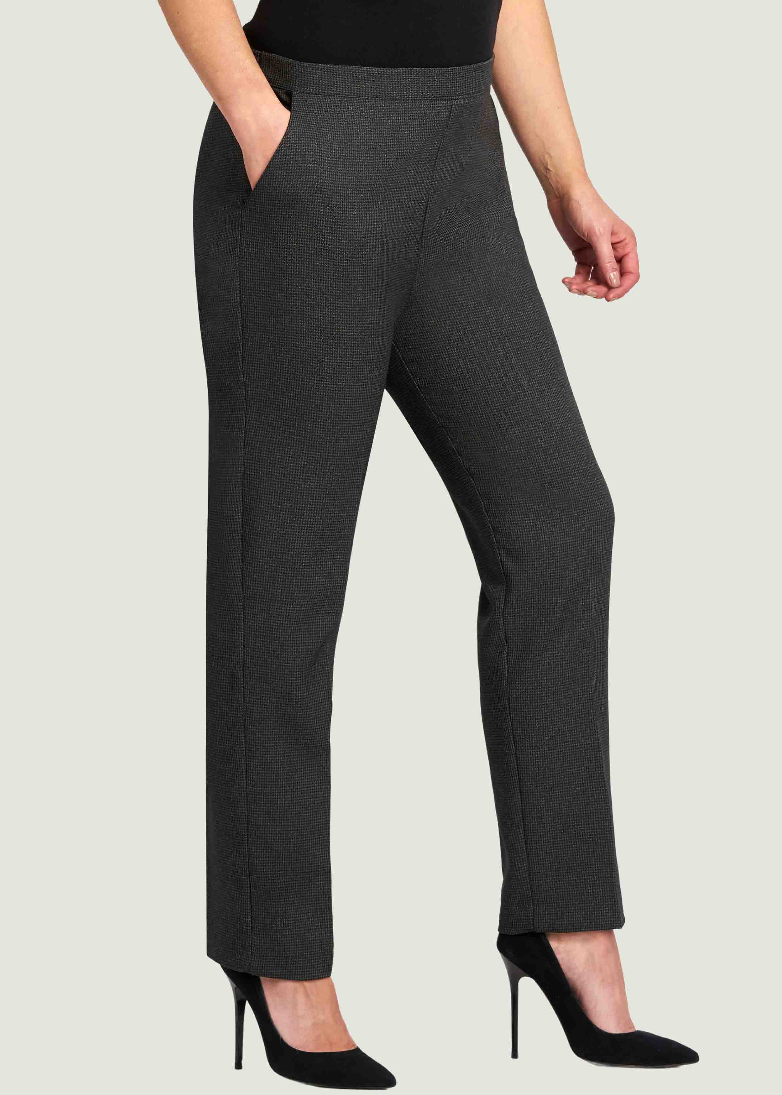 Mona Dogtooth Straight Leg Pull On Trouser | Grey | The Able Label